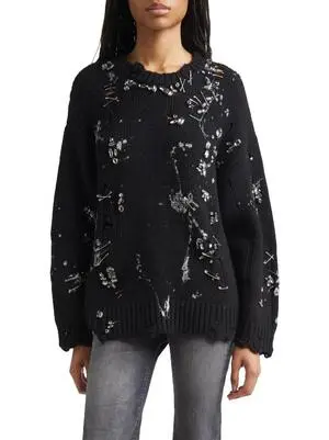 R13 Oversized Merino Wool Sweater With Safety Pin Embellishment - Black With Crystals And Pins