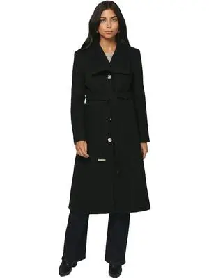 WALLIS Knitted Collar Button Through Wrap Coat - Black
