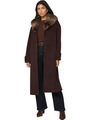 WALLIS Faux Fur Collar Tab Cuff Coat - Chocolate