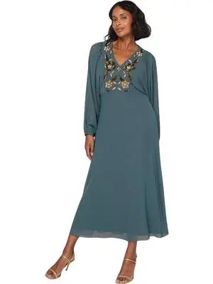 WALLIS Embellished Balloon Sleeve Midi Dress - Green
