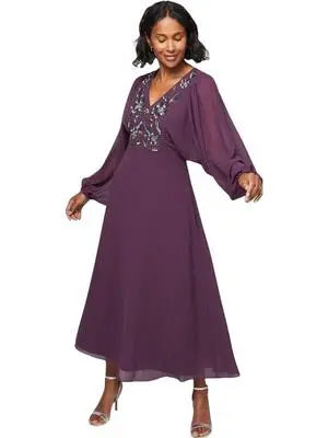 WALLIS Embellished Balloon Sleeve Midi Dress - Plum