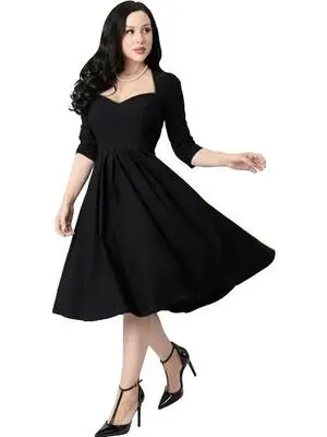 Unique Vintage Sweetheart Swing Dress - Black Pleated