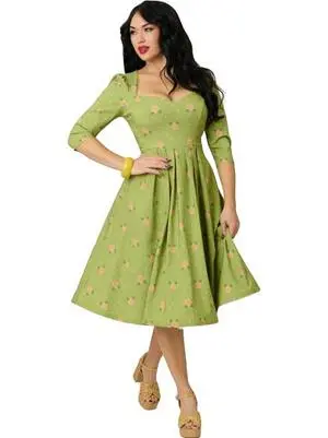 Unique Vintage Sweetheart Swing Dress - Chartreuse & Pink Rose Print