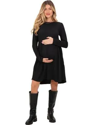 PINKBLUSH Textured Rib Long Sleeve Maternity Dress - Black