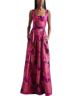 St. John Metallic Jacquard Organza Gown - Hot Pink