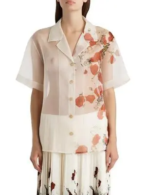 Khaite Riordan Floral Silk Organza Camp Shirt - Cream/red