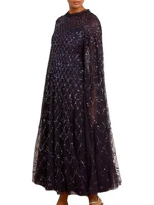 NEEDLE & THREAD Heart Lattice Cape Ankle Gown - Midnight