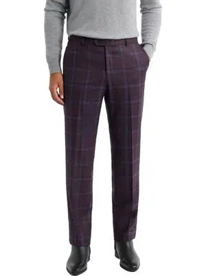 Berle Windowpane Check Merino Wool Dress Pants - Burgundy