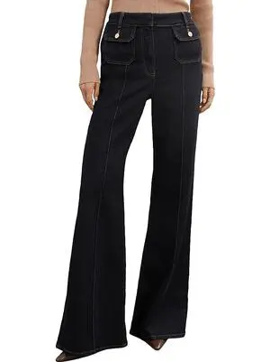 REISS High Rise Flare Jeans With Button Detail - Dark Blue