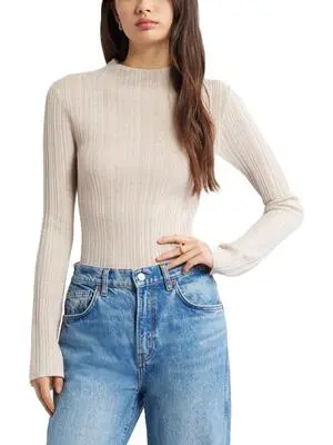 OPEN EDIT Open Stitch Linen Blend Mock Neck Sweater - Beige Pumice