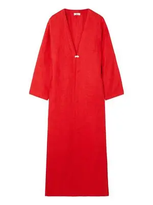 SARA CRISTINA Pearl-embellished Linen Kaftan - Red