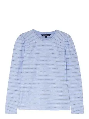 Veronica Beard Smocked Ruched Striped Pima Cotton T-shirt - Blue