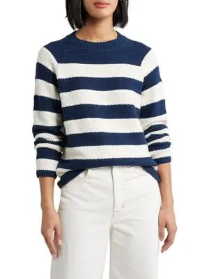 Caslon Stripe Lightweight Mix Stitch Sweater - Navy Still- Ivory Stripe