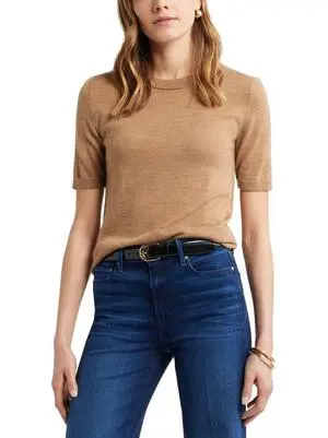 Caslon Short Sleeve Wool Blend Sweater Top - Tan Camel Dark Heather