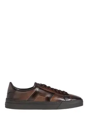 Santoni Burnished Leather Double Buckle Sneakers - Dark Brown