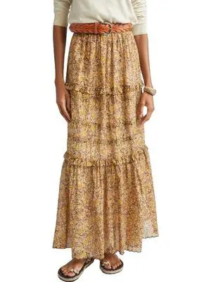 Isabel Marant Volomia Mixed Print Tiered Cotton Maxi Skirt - Brown/khaki/yellow