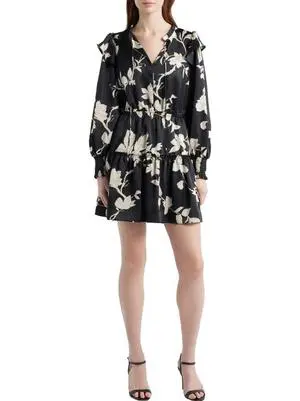 Chelsea28 Floral Tiered Chiffon Mini Dress - Black- Ivory Toile