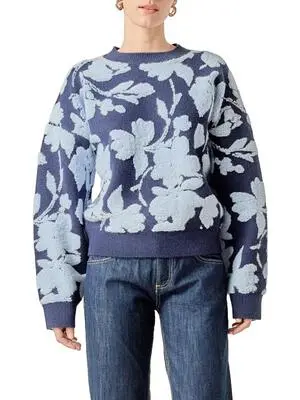 English Factory Floral Fuzzy Knit Sweater - Navy/powder Blue