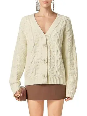 English Factory V-neck Cable Cardigan With Floral Buttons - Off White