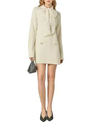 English Factory Detachable Bow Long Sleeve Sweater Minidress - Cream