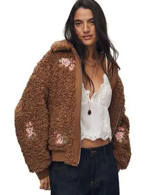 Anthropologie Floral Embroidered Sherpa Bomber Jacket - Neutral