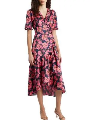 Caslon Floral Satin Jacquard Faux Wrap Dress - Navy Still Lola Rose