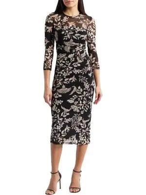 Anne Klein Floral Side Ruched Mesh Midi Dress - Anne Black Multi