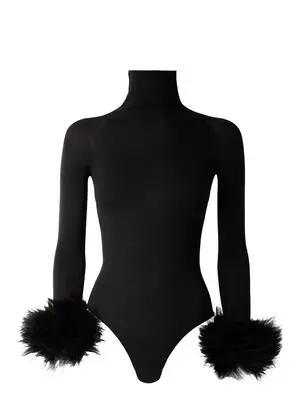 Alaïa Shearling-trimmed Stretch-jersey Turtleneck Bodysuit - Black