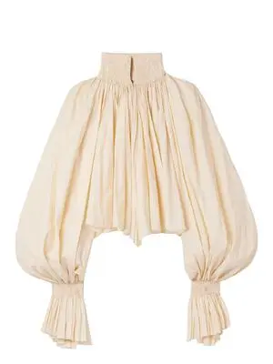 Khaite Durer Cropped Gathered Cotton-blend Poplin Blouse - Neutrals
