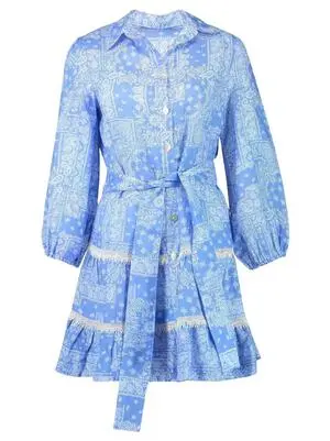 Temptation Positano Gelato Bandana Belted Shirt Dress - Blue