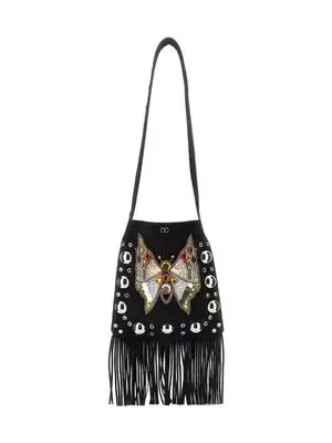 Valentino Garavani Eyelet-embellished Fringe-trim Shoulder Bag - Black