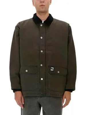 Obey Logo-patch Jacket With Corduroy-collar - Green