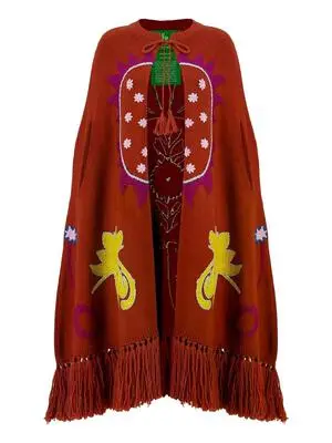 PAULA Hand-embroidered Fringe Cape - Orange
