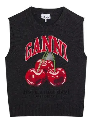 GANNI Logo-intarsia Wool-blend Vest - Black