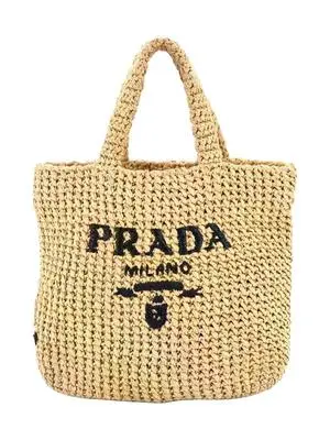 Prada Logo Raffia Medium Tote Bag - Neutrals