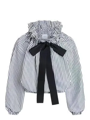 PATOU Striped Ruffled-neck Bow-tie Blouse - Blue