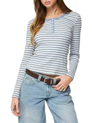 EDIKTED Striped Ribbed Henley Top - Blue