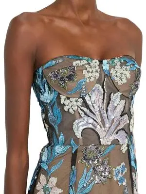 BRONX BANCO Dahlia Strapless Sequined Floral Tulle Gown - Blue Multi
