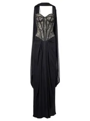 Monique Lhuillier Scarf-detail Draped Lace Gown - Black