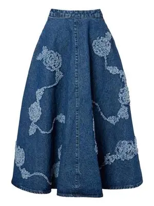 Remain Birger Christensen Berty Embroidered Denim Midi Skirt - Blue