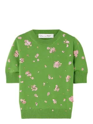 Oscar De La Renta Floral Crystal-embellished Wool Sweater - Green