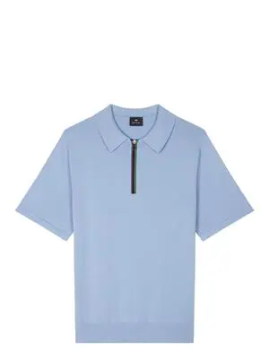 Paul Smith Sky 'sports Stripe' Zip Knitted Cotton Polo Shirt - Blue