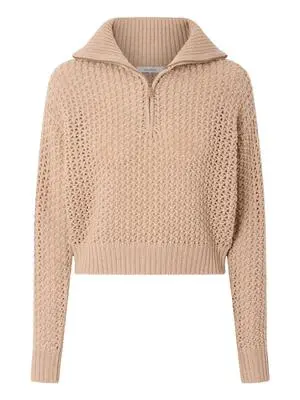 Max Mara Open-Knit Metallic Wool-Blend Half-Zip Sweater Beige