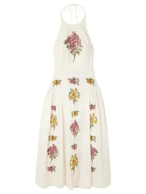 Agua Bendita Embellished Embroidered Linen Halterneck Midi Dress - Neutrals