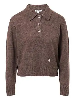 SPORTY & RICH Embroidered Logo Cashmere-and-wool Polo Jumper - Toffee