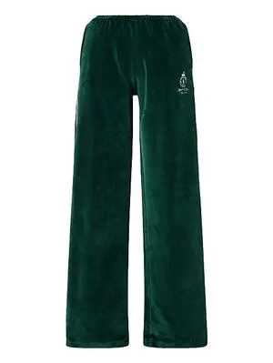 SPORTY & RICH Embroidered Logo Wide-leg Cotton-velour Jogging Bottoms - Forest Ecru