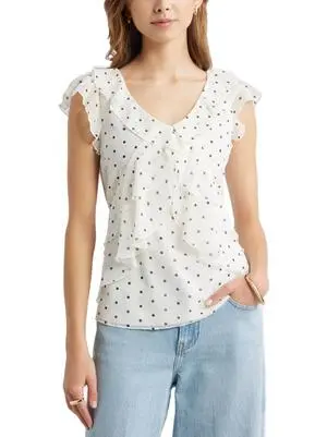OPEN EDIT Chiffon Ruffle Top Ivory- Black Corner Dot