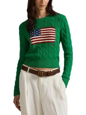 Polo Ralph Lauren Flag Intarsia Cable-stitch Crewneck Sweater - Billiard