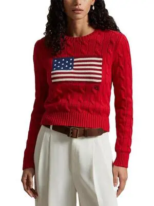 Polo Ralph Lauren Flag Intarsia Cable-stitch Crewneck Sweater - Red