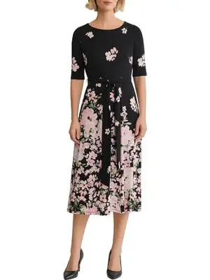 KASPER Floral Tie Belt A-line Dress - Black/tutu Multi
